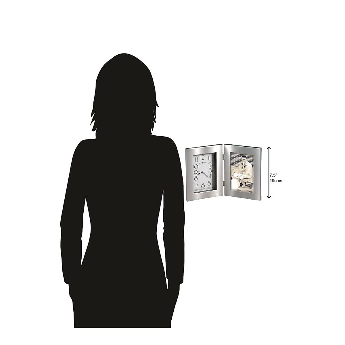 Howard Miller Lewiston Table Clock 645-677 – 4-Inch x 6-Inch Silver Finished Picture Frame, Glass Crystal, Hinged Timepiece, Modern Home Décor, Quartz Movement