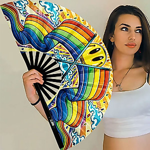 Raveahem UV Glow Rave Fan, Bamboo Folding Clack Hand Fan for Men Women (Rainbow, Large 13")