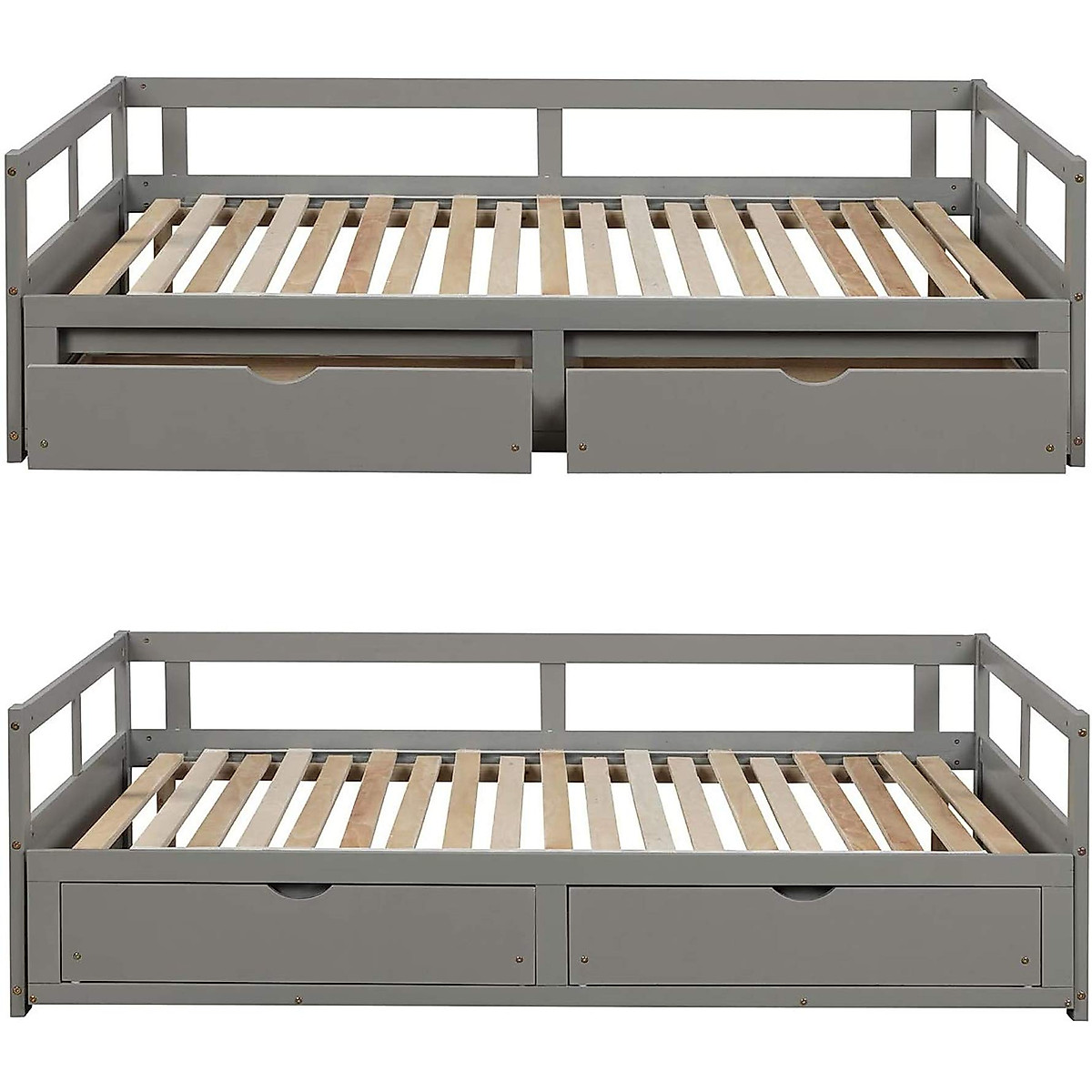 MERITLINE Daybed Frame with Two Storage Drawers, Twin to King Daybed Extendable Design,Wooden Sofa Bed for Bedroom Living Room,Grey