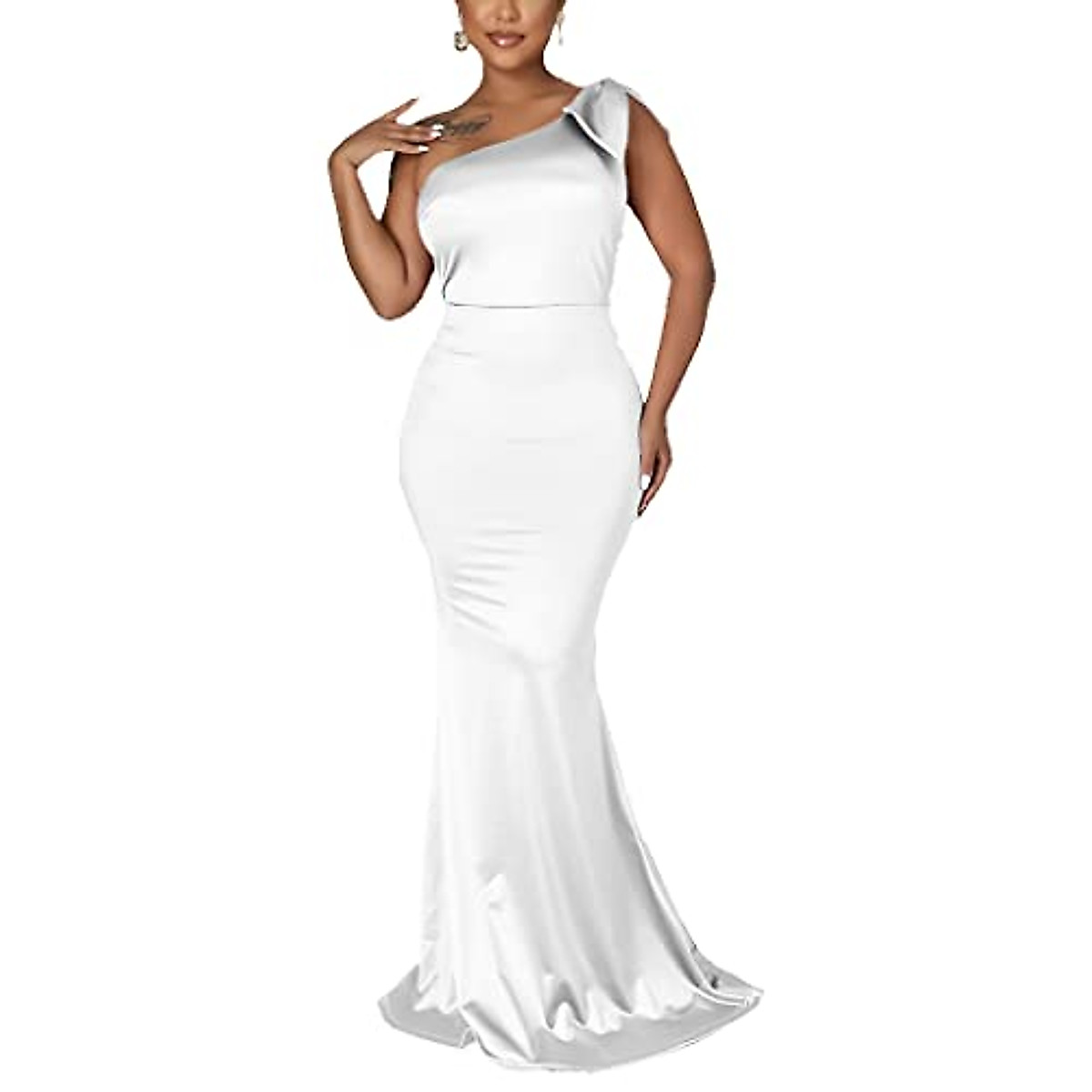 FairyLove Women's Fashion Ruched Bodycon Dress Sleeveless One Shoulder Wrap Satin Belted Cocktail Midi Dresses White