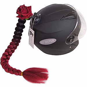 3T-SISTER Helmet Pigtails Wine Red Rose Helmet Braids Ponytail Helmet Hair with Suction Cup for Motor Bike 1PCS 24inch Ombre Black to Wine Red (Helmet not Included)