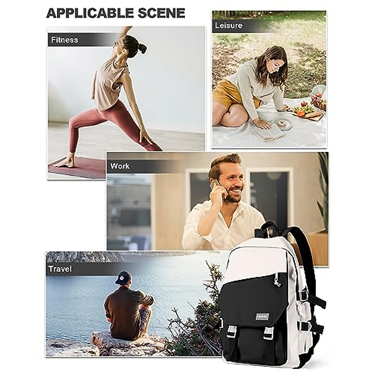 KEYEMP Fashion Backpacks for Men Women, 15.6 in Lightweight Travel Bag Casual Daypack,Cute Backpack for Aesthetic Travel Casual Day Pack,Bags for Work,Gift, Black