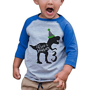 7 ate 9 Apparel Kid's Three 3rd Third 3 Dinosaur Birthday Dino Blue Raglan Tee 3T