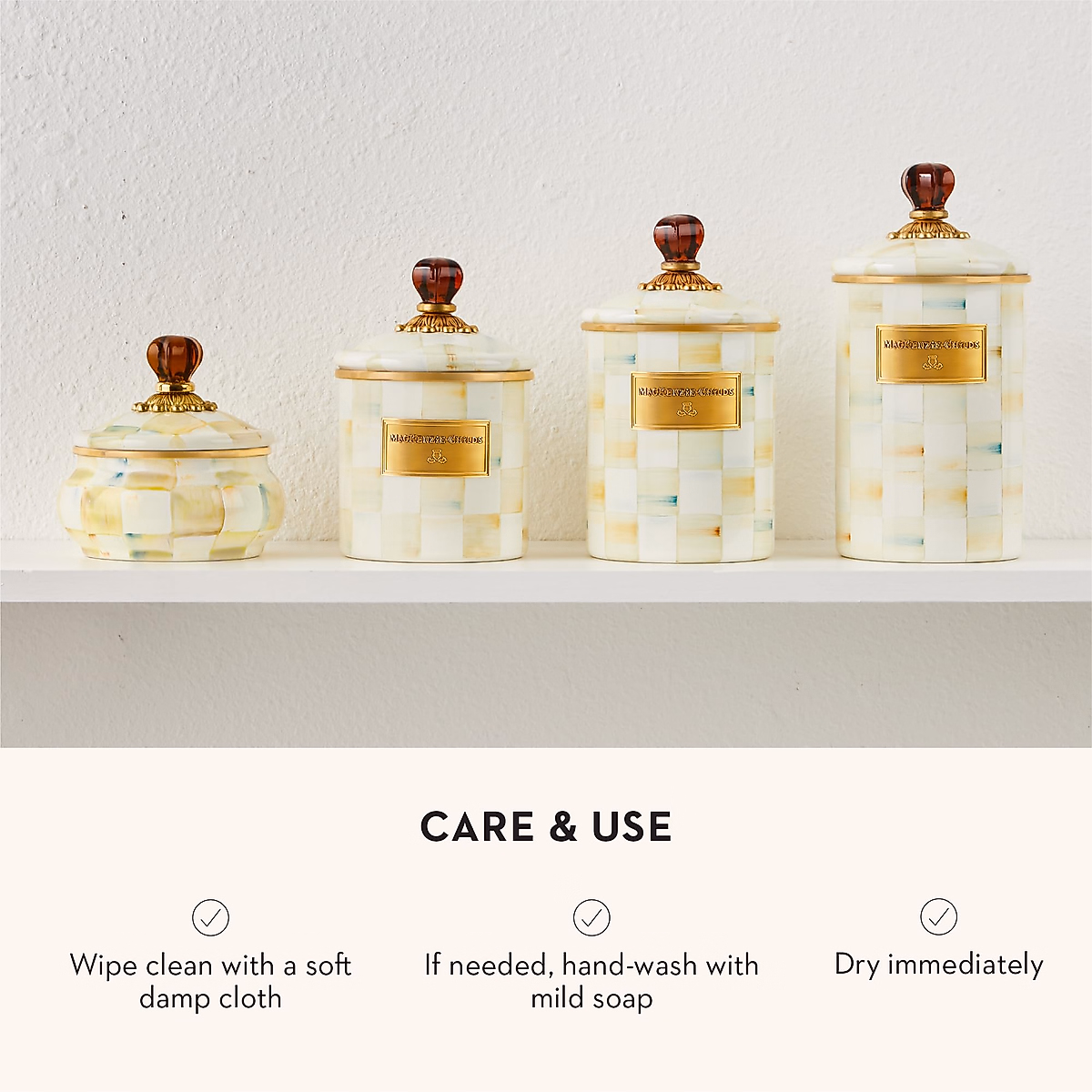 MACKENZIE-CHILDS Parchment Check Enamel Canister, Yellow-and-Cream Kitchen Storage Container with Lid, Small