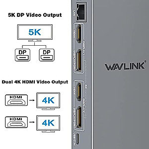 WAVLINK USB3.0 Dual 4K Laptop Docking Station, USB C to Single 5K@60Hz or Dual 4K@60Hz Video Outputs Dual Monitor for Windows (2xDisplayport, 2xHDMI, 6 USB 3.0 Port, LAN, Audio)