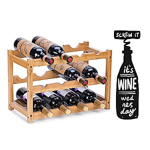FOSTERSOURCE Wine Rack, Natural Bamboo Storage Rack Freestanding Countertop Stackable Display Shelf Wine Bottle Holder (3-Tiers 12-Bottles)