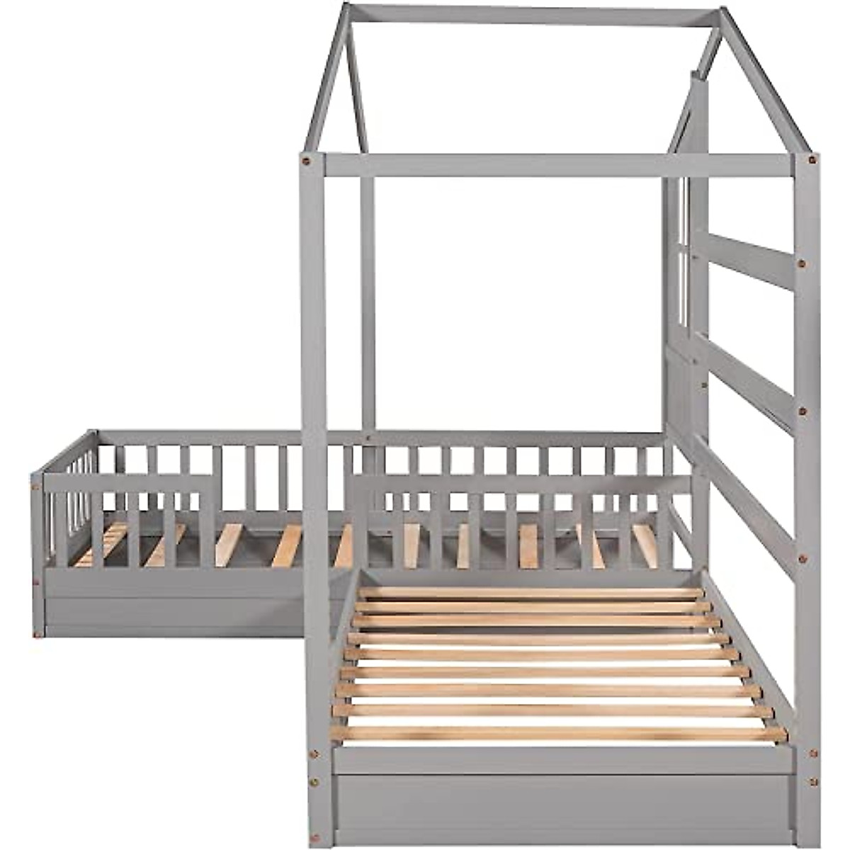 Harper & Bright Designs House Bed with Double Twin Beds, Wood L-Shaped 2 Platform Beds Roof ,Window,Fence and Slatted Design, Corner Playhouse Frame ,Montessori for Kids Girls Boys ,Grey