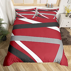 Erosebridal Red Grey White Geometry Lines Duvet Cover Queen,Bold Stripes Comforter Cover,Geometric Lines Bedding Set,Abstract Graphics Quilt Cover with 2 Pillow Shams for Adult Youth Bedroom Decor
