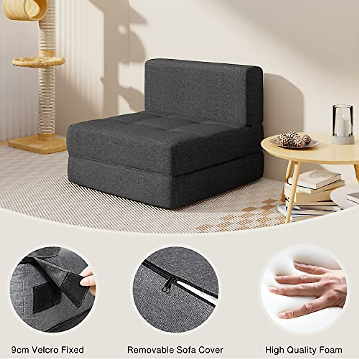 Aiho Sleeper Sofa Bed, Memory Foam Futon Sofa Bed, Floor Sofa Convertible Chair Bed Couch Bed, Modern Linen Fabric Removable Cover, for Living Room/Apartment/Loft, Dark Grey
