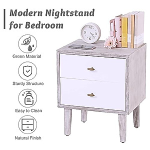 kinbor Modern Nightstand Set of 2, Side End Table Bedside Tables with 2 Storage Drawers and Solid Wood Legs, Night Stands for Bedroom Living Room, Gray/White