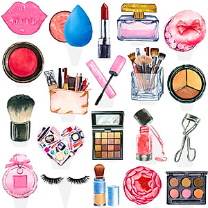 48Pcs Makeup Cupcake Toppers Spa Makeup Birthday Party Decorations Cosmetics Lipstick Eyelashes Perfume Theme Cupcake Picks Decorations for Girls Women Birthday Party Party Bridal Shower Supplies