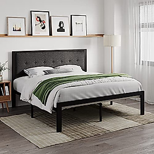 SHA CERLIN King Size Bed Frame with Upholstered Headboard, Platform Bed Frame with Metal Slats, Button Tufted Square Stitched Headboard, Noise Free, No Box Spring Needed, Easy Assembly, Dark Grey