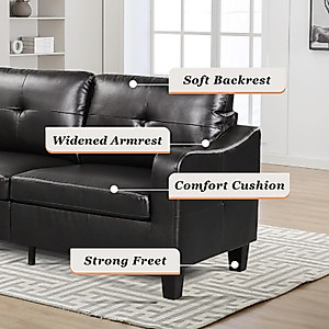 EBELLO Upholstered 3-seat Faux Leather Sofa Couch, Modern Loveseat Sofa, Wood Frame and Sturdy Legs for Living Room Bedroom Office, Black