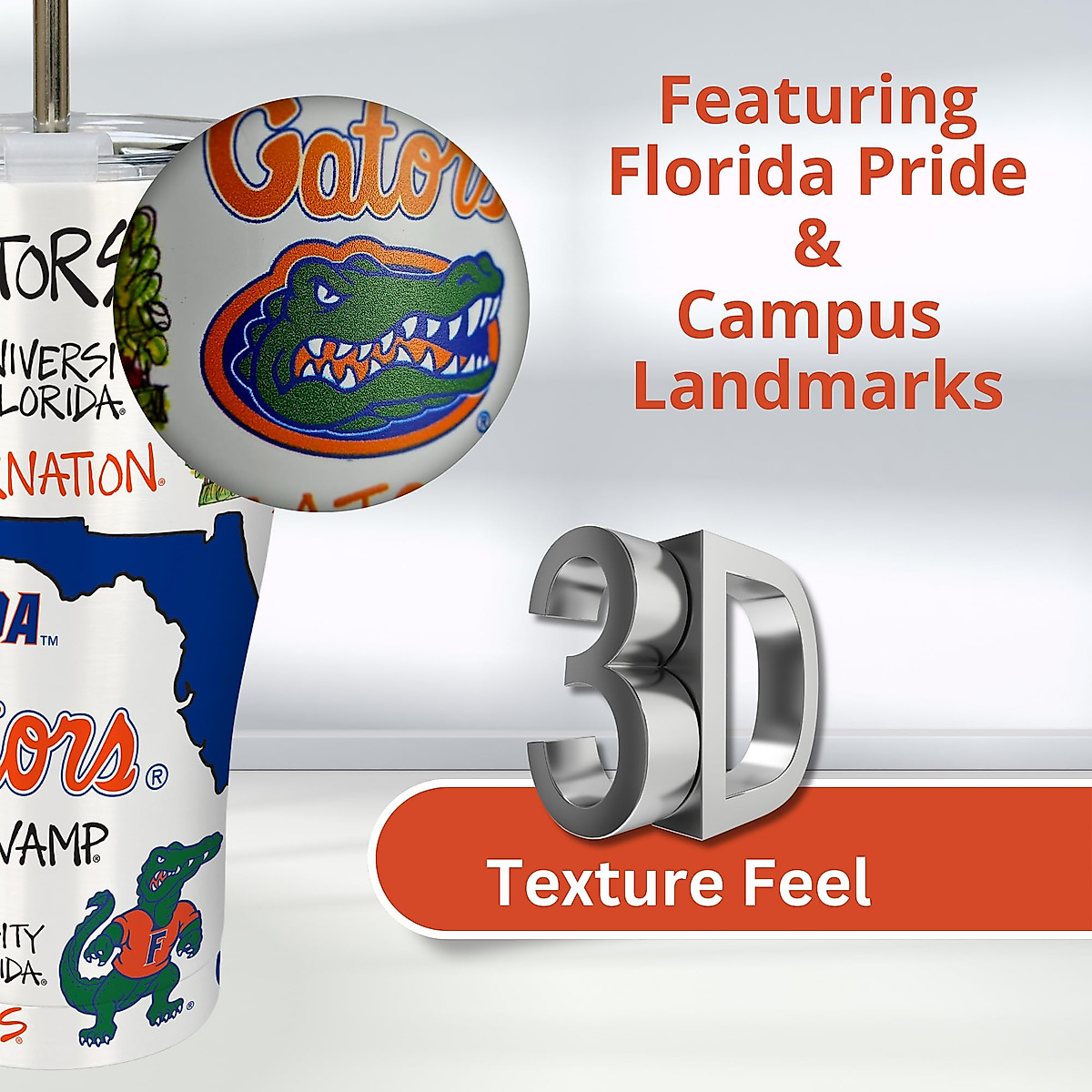 University of Florida 30oz Stainless Steel 3D Icon Travel Mug – High Performance Double-Walled Thermos w/Convertible Lid & Straw – Insulated Decorative NCAA Beverage Tumbler – For Hot or Cold Drinks