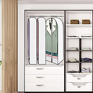 fitermoe 60" Garment Bags For Hanging Clothes, 8" Gusseted Garment Bags For Travel, Clear Suit Bags For Closet Storage Overcoat, Long Dress, Gowns, 3-Pack