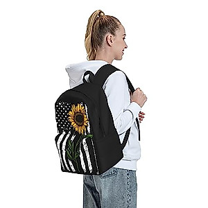 JASMODER Sunflower And American Flag Laptop Backpack Hiking Travel Daypack For Men Women And Youth