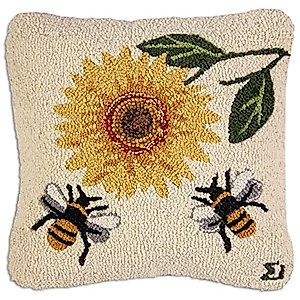Chandler 4 Corners Artist-Designed Sunflower Bees Hand-Hooked Wool Decorative Throw Pillow (18” x 18”) Garden Pillow for Couches & Beds - Easy Care & Low Maintenance, Nature & Garden Throw Pillow