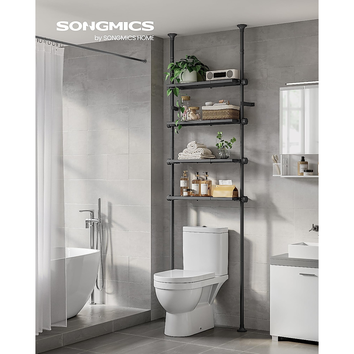 SONGMICS Bathroom Organizer 4-Tier, Over The Toilet Storage Shelf, 4 Height Adjustable and Extendable Shelves, 35.4 to 122.1 Inch Tall, for Small Spaces, Bathroom, Living Room, Ink Black UBTS021B01