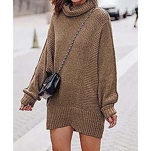BTFBM Women Fashion Sweater Short Dress Long Sleeve Turtleneck Oversized Fall Winter Soft Chunky Knit Pullover Sweaters(Solid Khaki, Small)