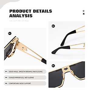 Highyou Oversize Sunglasses Mens Trendy Womens Retro Metal Shades Designer Fashion (Gold frame/black lenses)