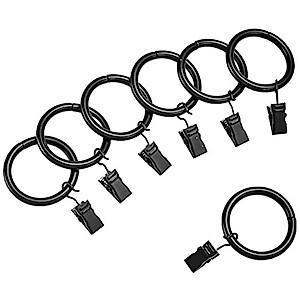 Amazon Basics 1" Curtain Rod with Round Finials, 72" to 144" and Amazon Basics 1" Curtain Clip Ring, Set of 7, Black