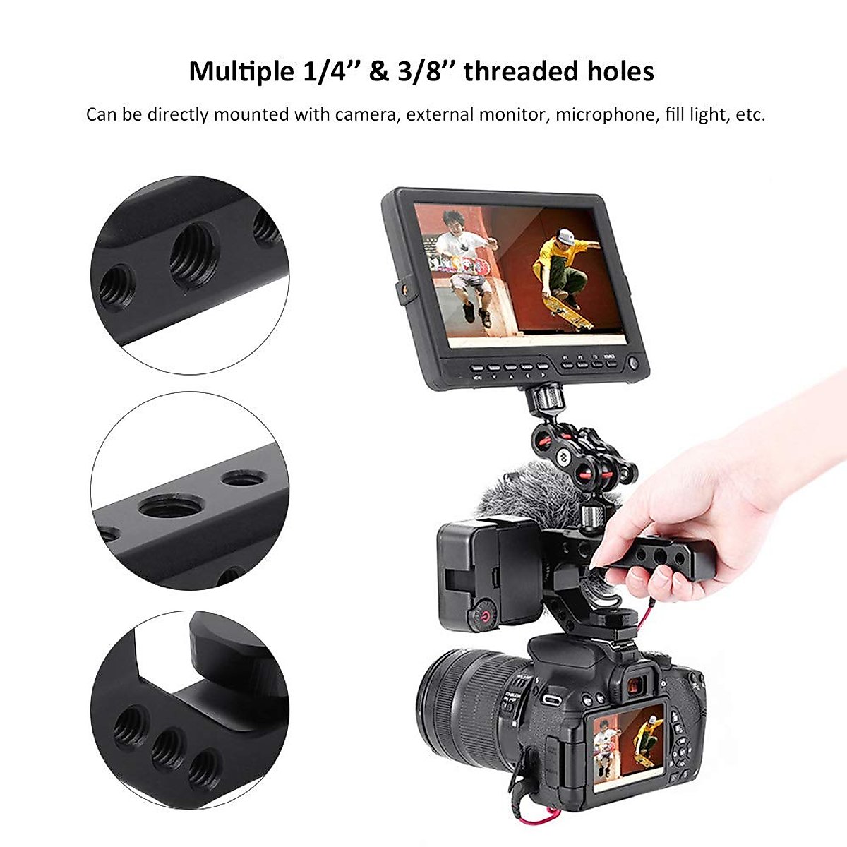 EVTSCAN Camera Handle Grip with 3 Cold Shoe, Universal Video Action Stabilizing Handle Grip Camera Cold Shoe Mount Adapter, 1/4" 3/8" Holes Mount