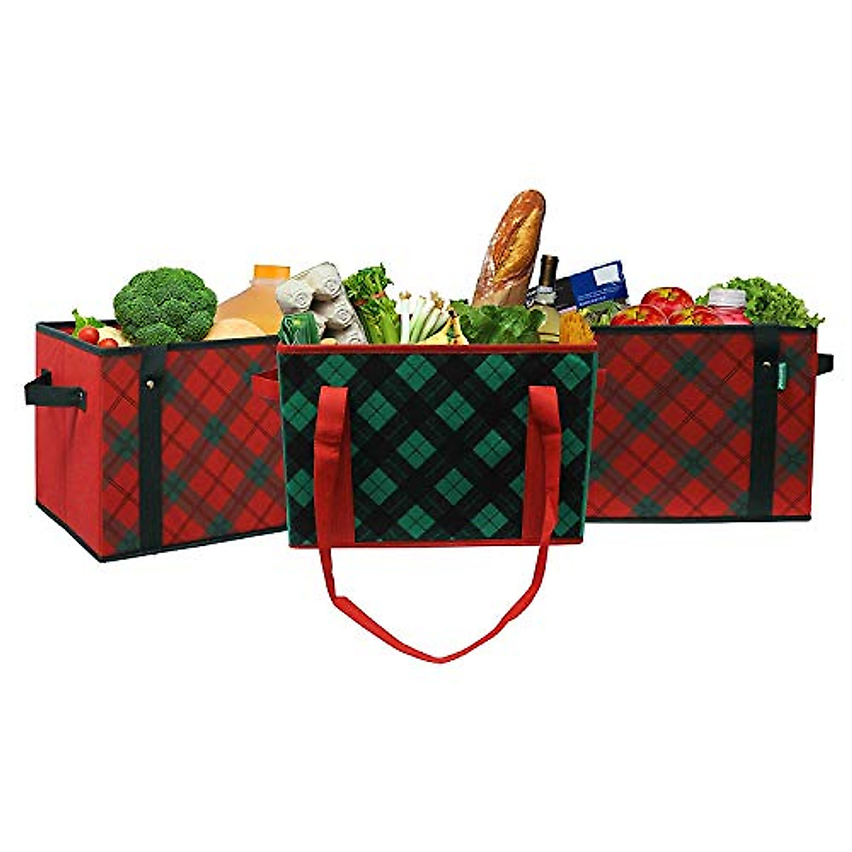 Earthwise Deluxe Collapsible Reusable Shopping Box Grocery Bag Set with Reinforced Bottom Plaid Holiday Xmas Christmas Design Storage Boxes Bins Cubes (Set of 3) (Holiday)