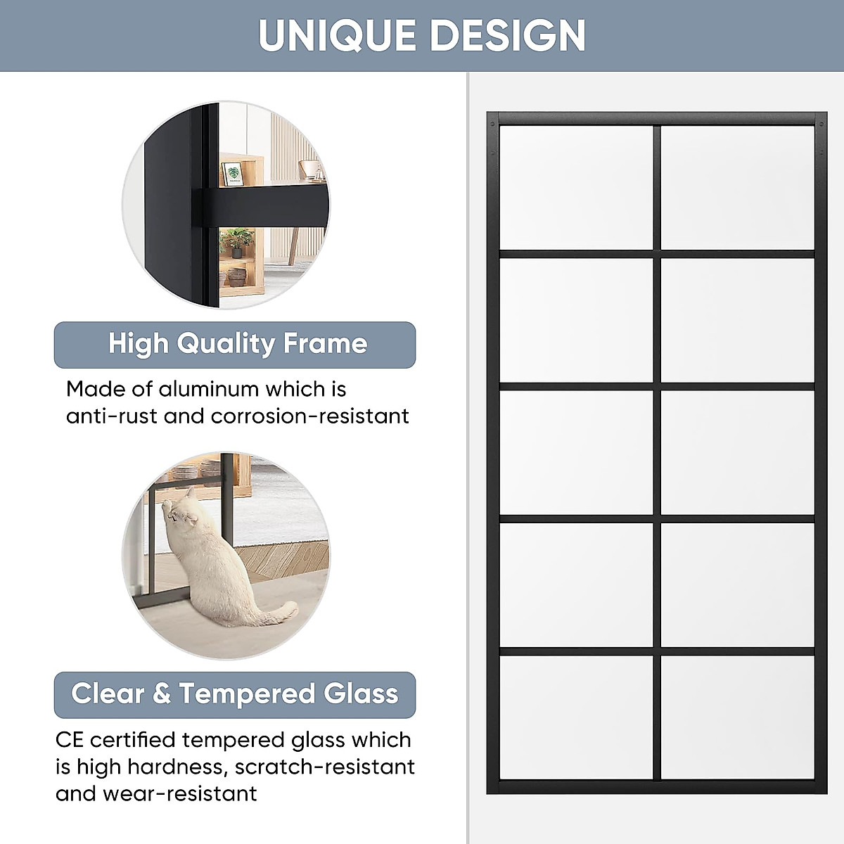 JUBEST Double Barn Door 84 x 84 in with 14FT Hardware Kit, 2 Sets of 42x84 in Clear Tempered Glass Aluminum Frame Barn Door,Pocket Interior Door, Easy Assembly，Black Top-Mounted Hardware