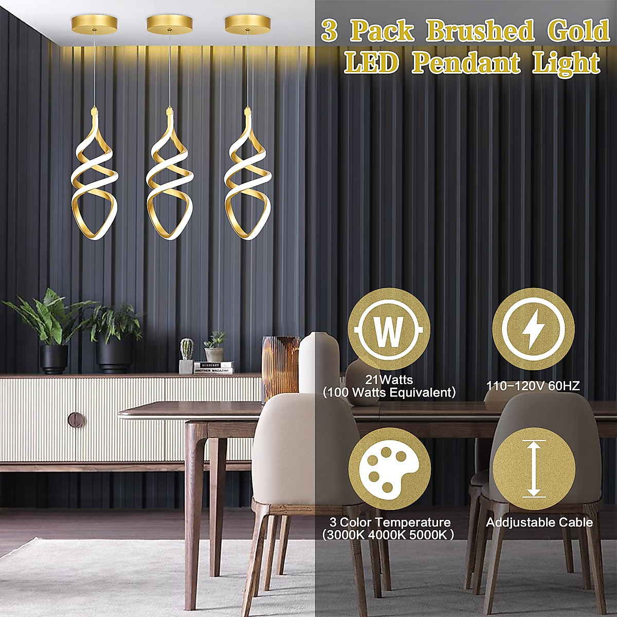 Pendant Lights,3 Pack Brushed Gold Pendant Lighting for Kitchen Island,LED Pendant Lights 3 Color Temperature,Modern Pendant Light Fixtures,Gold Brass Pendant Lighting,Dimmable Spiral Ceiling Light