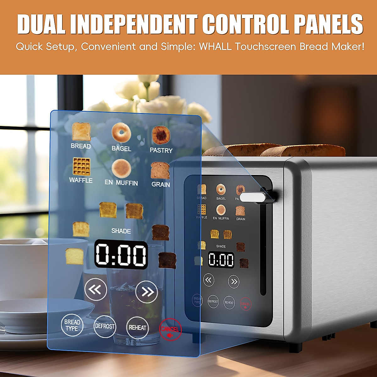 WHALL Touch Screen Toaster 2 Slice, Stainless Steel Digital Timer Toaster, 6 Bread Types & 6 Shade Settings, Smart Extra Wide Slots Toaster With Bagel, Cancel, Defrost Functions