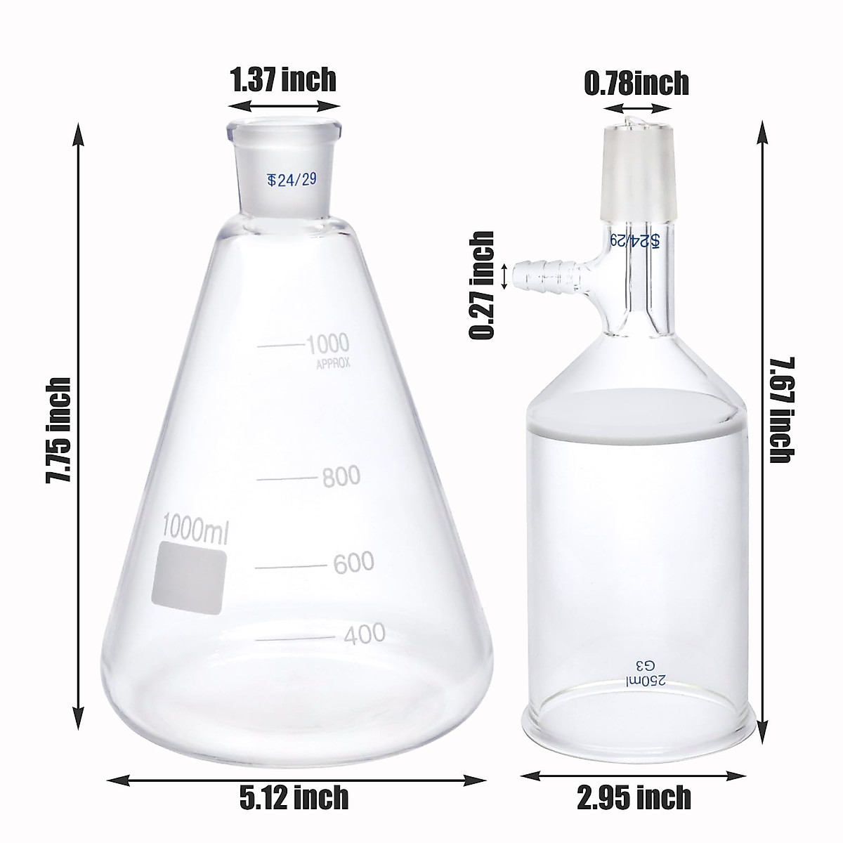 Buchner Funnel Filtering Kit with 1000 ml Filter Bottle and 250 ml Buchner Funnel, G3 Borosilicate Glass Lab Vacuum Filtration Distillation Apparatus Filter Flask Set