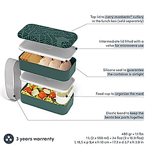 monbento - Bento Box MB Original Jungle with Compartments - 2 Tier Leakproof Lunch Box for Work and Meal Prep - BPA Free - Food Grade Safe - Nature Pattern - Green