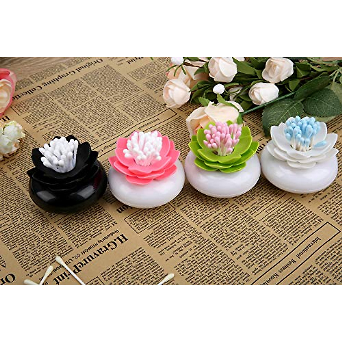 Bloss Lotus Cotton Swab Holder Cotton Swabs Bud Small QTips Box Toothpicks Container Flower Bathroom Decor - Black