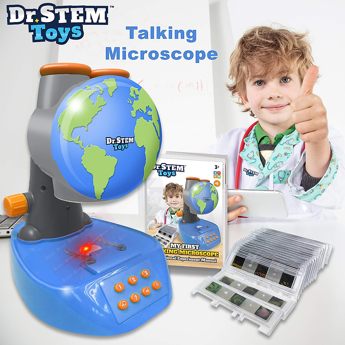 Dr. STEM Toys - Talking Microscope for Kids with Twenty Slides Containing Sixty Specimens, Over 120 Quiz Facts, Adjustable Focus, and Light-Up Platform