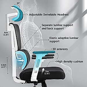 Primy Ergonomic Mesh Office Chair - High Back Computer Chair with Adjustable Lumbar Support and 360 Degree Swivel (White)