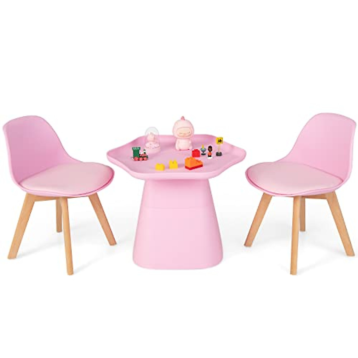 Costzon Kids Table and Chair Set, 3 Piece Activity Table with Padded Seat & Beech Legs for Children Drawing Reading Arts Crafts, Playroom, Nursery, Toddler Table and Chair Set (Pink)
