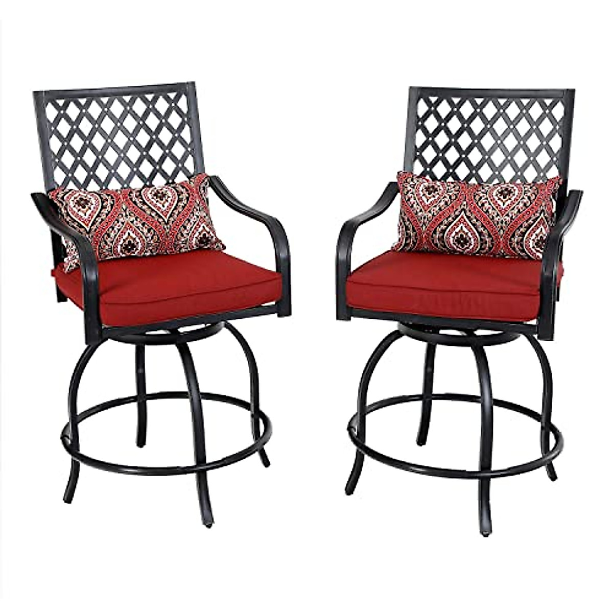 PHI VILLA Outdoor Swivel Bar Stools Set of 2, 27.5" Bar Height Patio Chairs with Red Seat Cushion, Extra Wide Bar Stools with Armrest & Back, Coating Old Craft (Pillow Included)