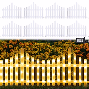 Hopolon 8 Pack 36LED Lighted Garden Fence,13.7x11.8inch Christmas Tree Fence Lights Plug in,8 Modes White Plastic Edgings Picket Decorative Fence for Landscape patio Yard Path Home Xmas,Warm White