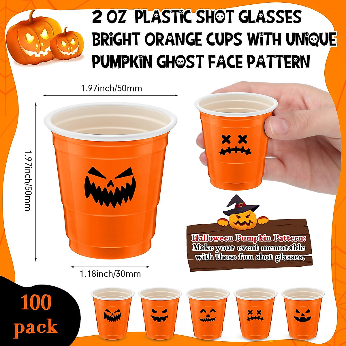 Lounsweer 100 Pcs Halloween Plastic Glasses Cups 2 Oz Disposable Cups Grimace Mini Party Plastic Glasses for Halloween Birthday Tasting Serving Samples Cups, Orange