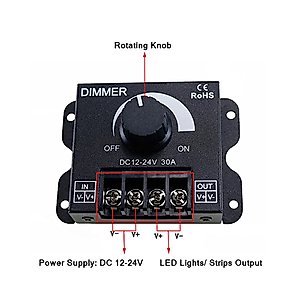 XIXIAN 12-24V 30A LED Light Dimmer Stepless Dimming PWM Dimmer Switch Knob Manual Brightness Adjuster Controller Memory Function for Single-Color LED Lights Strips 5050 3528