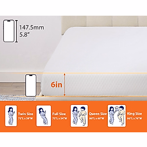 Queen Mattress, 6 inch Gel Memory Foam Mattress with CertiPUR-US Certified for Cool Sleep & Pressure Relief, Medium Firm Bed Mattress with Washable Cover, White, Queen Size