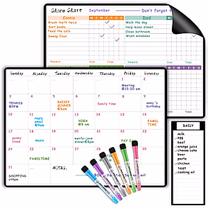 Magnetic Dry Erase Calendar for Refrigerator Set Dry Erase Board Calendar&Chore Chart and List,6 Markers-Chore Chart for Multiple Kids,Teens & Adults