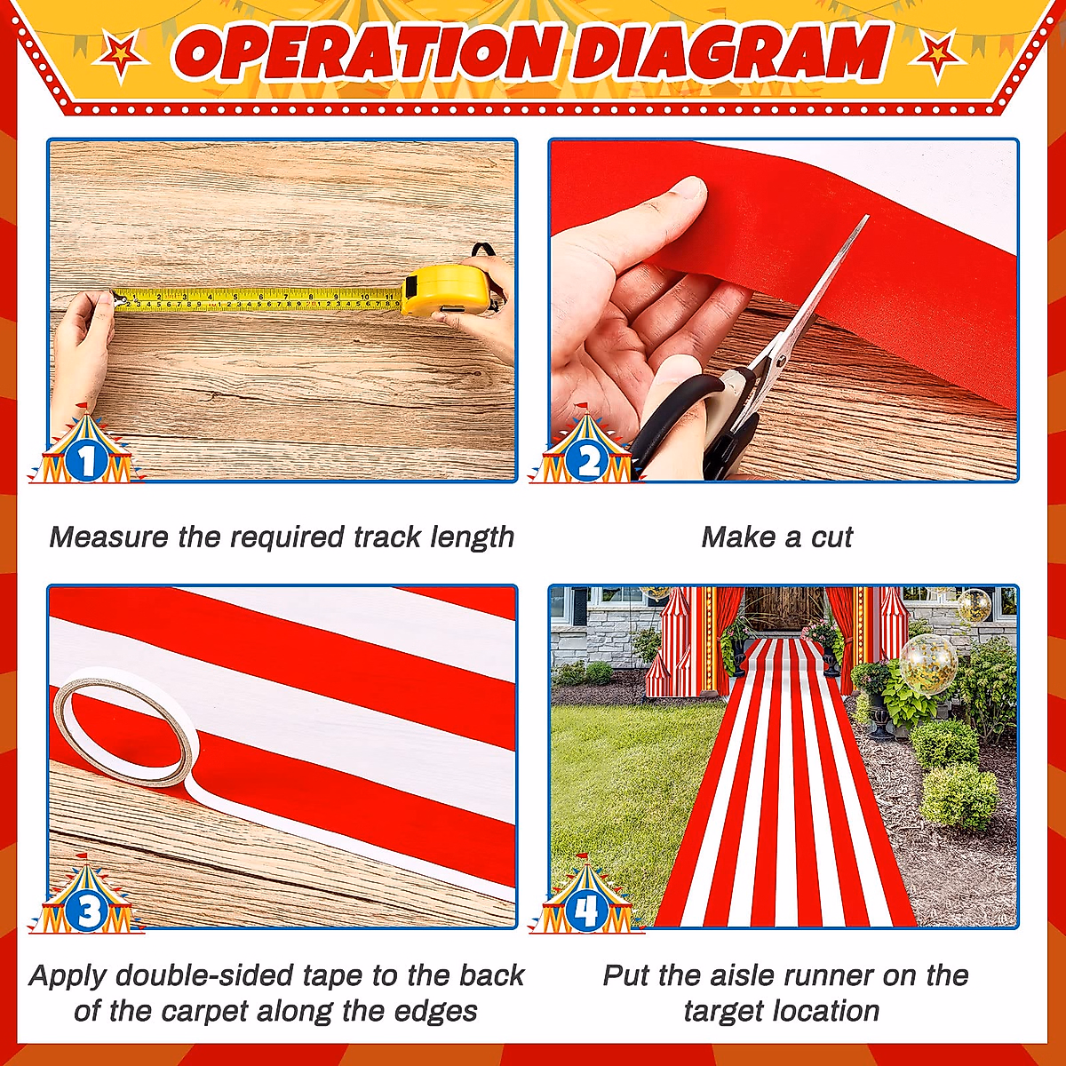 Boao 2 Pcs Carnival Circus Party Supplies Red and White Striped Aisle Runners Carnival Theme Party Floor Decor 24 in x 10 ft for Birthday Carnival Party Decorations