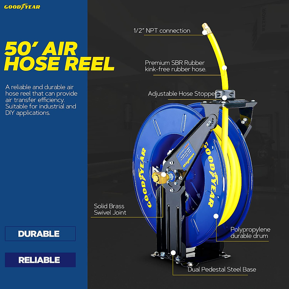 Goodyear Air Hose Reel Retractable 1/2" Inch x 50' Foot Long Premium Commercial Driven Sbr Hose Max 300 Psi Reinforced Steel Construction Heavy Duty Retractable Spring Industrial Dual Arm and Pedestal