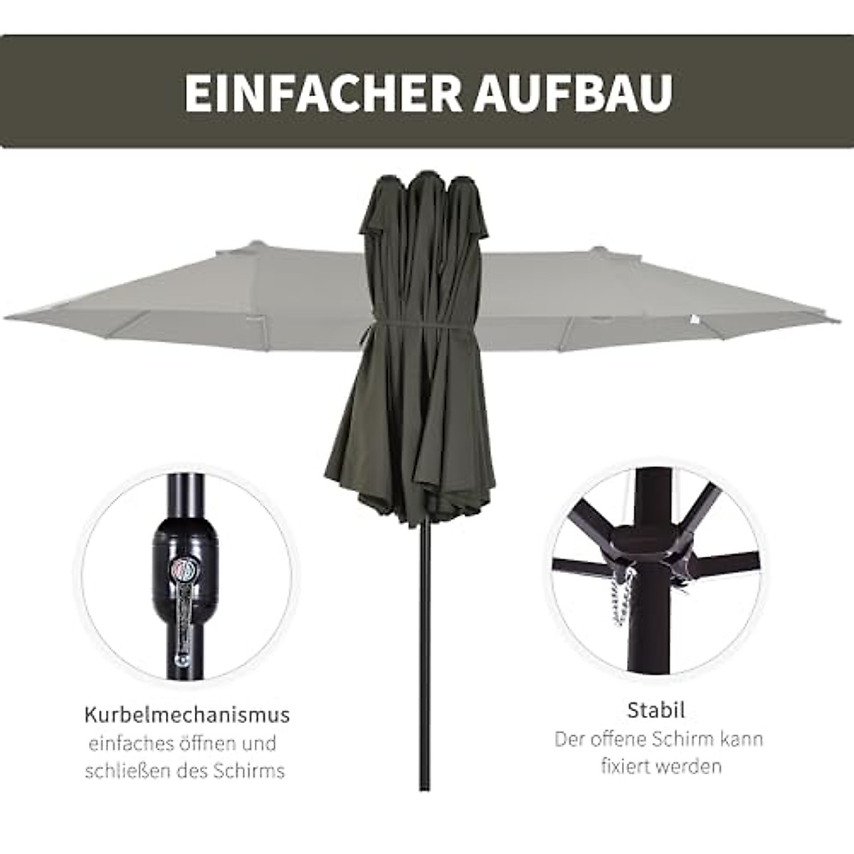 Outsunny Extra Large 15ft Patio Umbrella, Double-Sided Outdoor Umbrella with Crank Handle and Air Vents for Backyard, Deck, Pool, Market, Gray