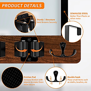 UKQRRTC Broom Mop Holder Over The Door 4 Slots Broom Storage Rack with 2 Hooks Drilling Free Mop Broom Organizer for Laundry Room Garage Kitchen Bathroom