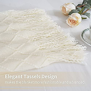 Yastouay Knitted Throw Blankets Soft Cozy Knit Blanket with Tassel Lightweight Breathable Fleece Blanket Decorative Blanket for Couch, Bed, Sofa, Travel and Farmhouse, 50"x60", Off White
