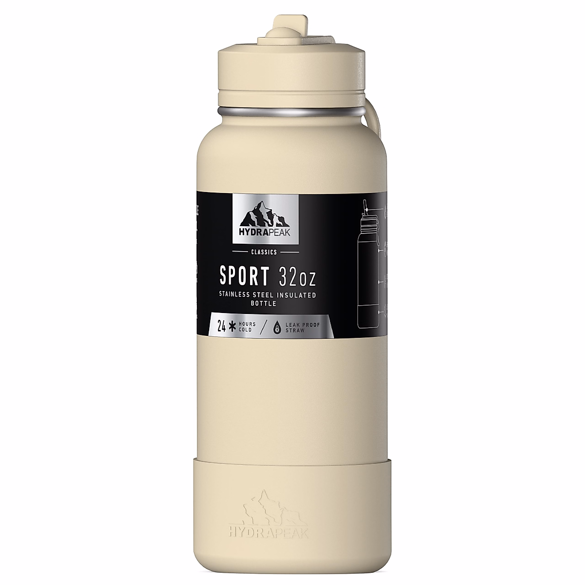 Hydrapeak 32oz Insulated Water Bottle with Straw Lid, Matching Color Cap and Rubber Boot, Stainless Steel Double Wall Vacuum Insulated Water Bottles that Keeps Drinks Cold for 24 hours (Modern Cream)