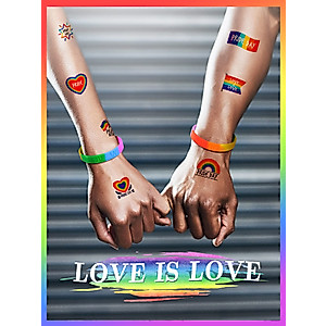 Abitoncc 91Pcs Gay Pride Accessories Stuff Set - Progress Pride Flag 3x5 Outdoor 24 Pack Mini Hand Held Small Pride Flags 24Pcs Pride Wristband Temporary Pride Tattoo Stickers Pride Stuff for Pride Month Outdoor Celebration Gay Progress Pride Party Favors