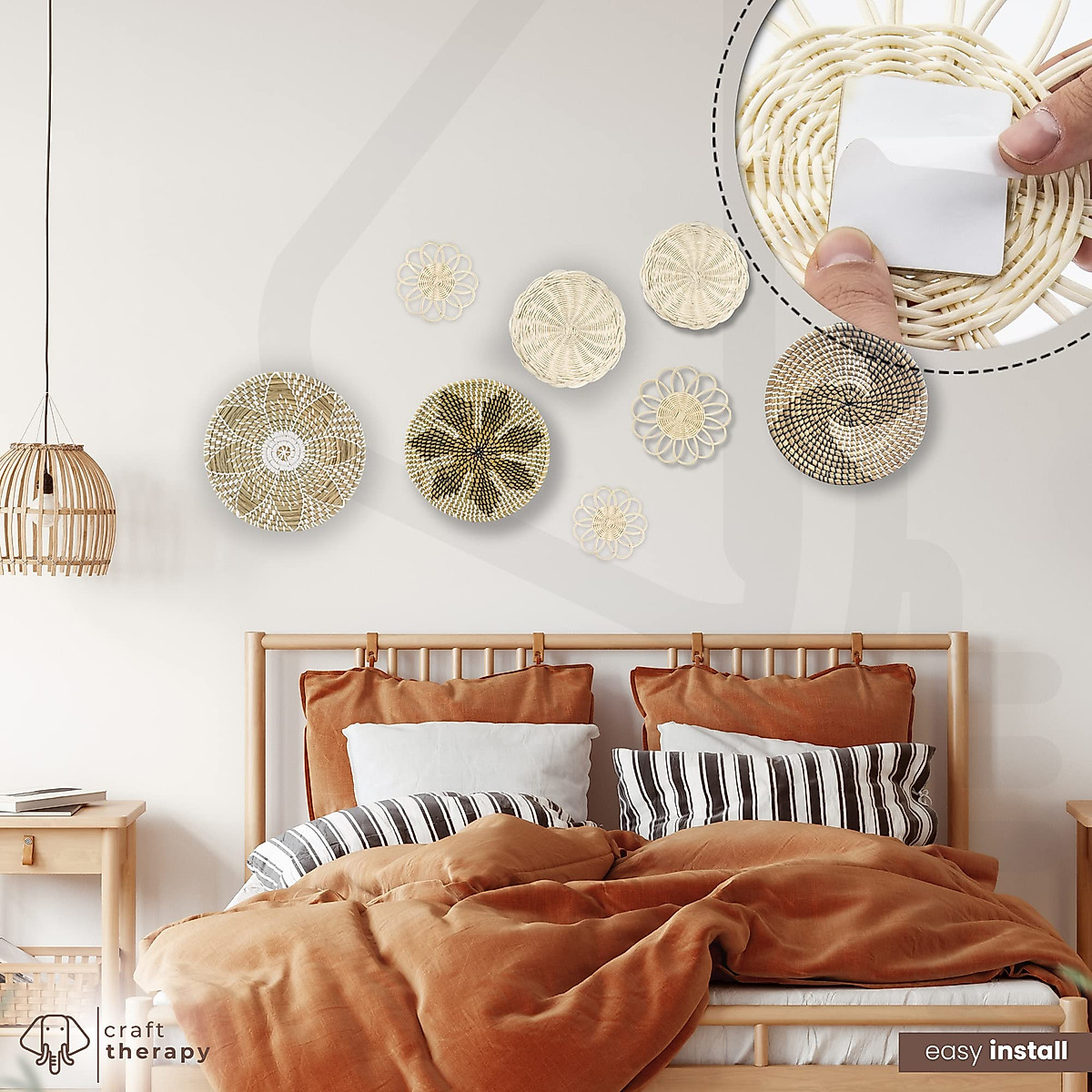 Woven Wall Basket Decor - Set of 9 Handcrafted, Decorative Hanging Wall Baskets - Craft Therapy Rattan and Seagrass Wall Basket Decor set - Ideal for your Cozy home Wall, Farmhouse, Kitchen & More